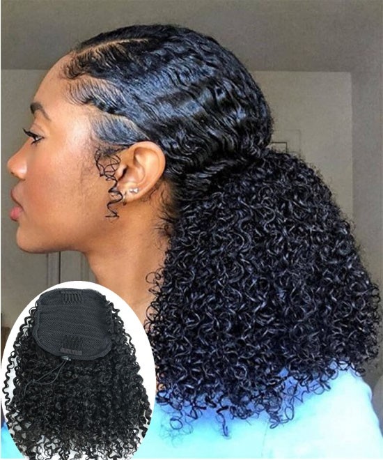 3B 3C Kinky Curly Drawstring Ponytail Human Hair Extensions Good Clip ...