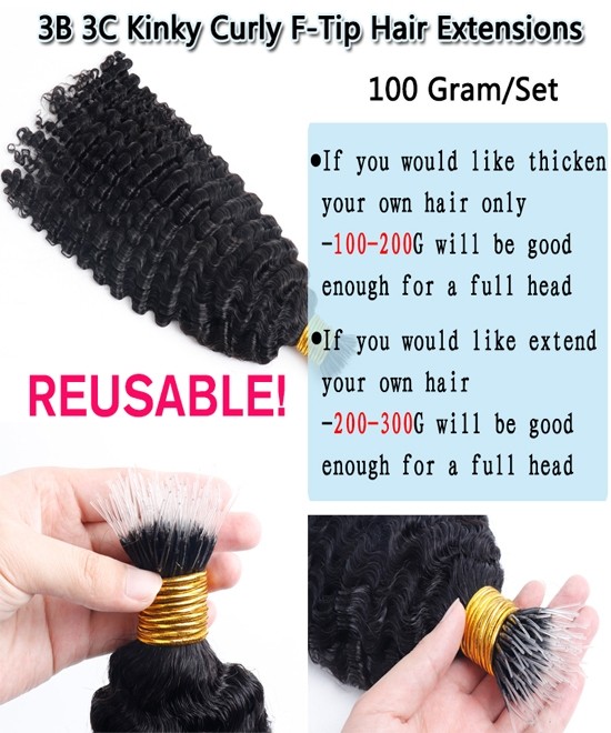 Dolago 3B 3C Kinky Curly F Tip Human Hair Extensions For Women Reusable ...
