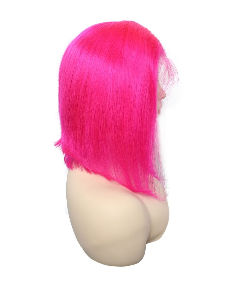 Bright Pink Colored Straight Short Bob Lace Front Wigs Pre Plucked