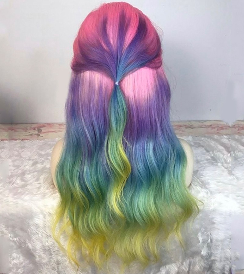 Rainbow Colored Straight Lace Front Wig Brazilian Transparent Lace Wig
