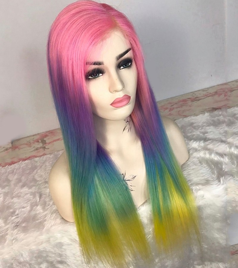 Rainbow Colored Straight Lace Front Wig Brazilian Transparent Lace Wig